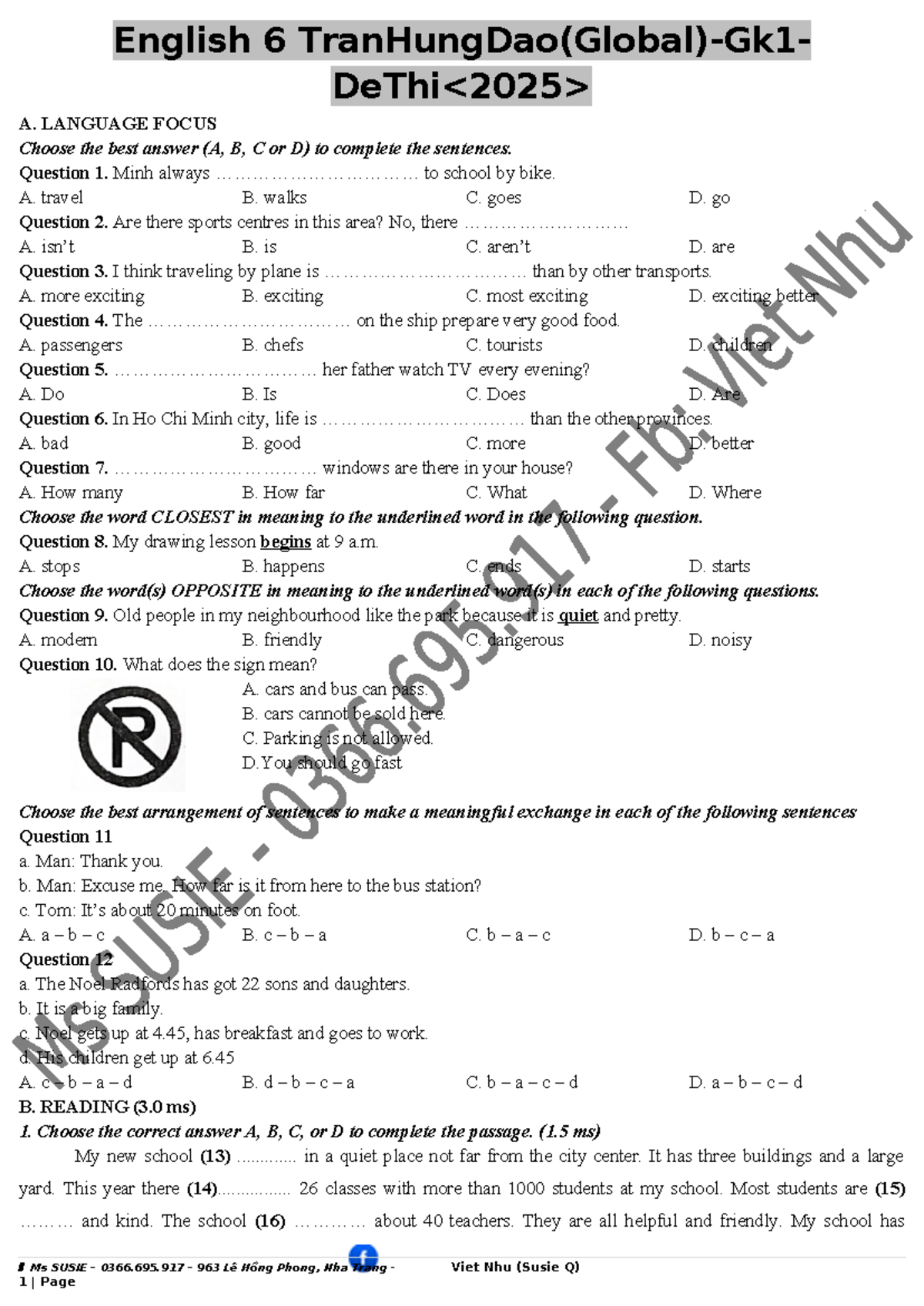 English 6 A. Language Focus Practice Test for Global THĐ-Gk1 2025 - Studocu