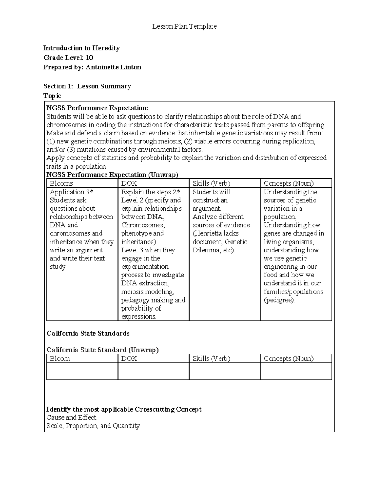 BIO 10: Heredity Lesson Plan - Understanding DNA & Chromosomes - Studocu