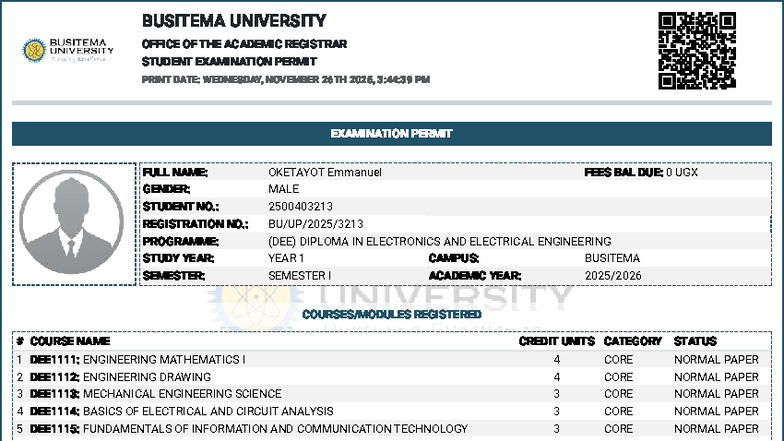 Examination Permit for BUSITEMA UNIVERSITY - Emmanuel Oketayot - Studocu