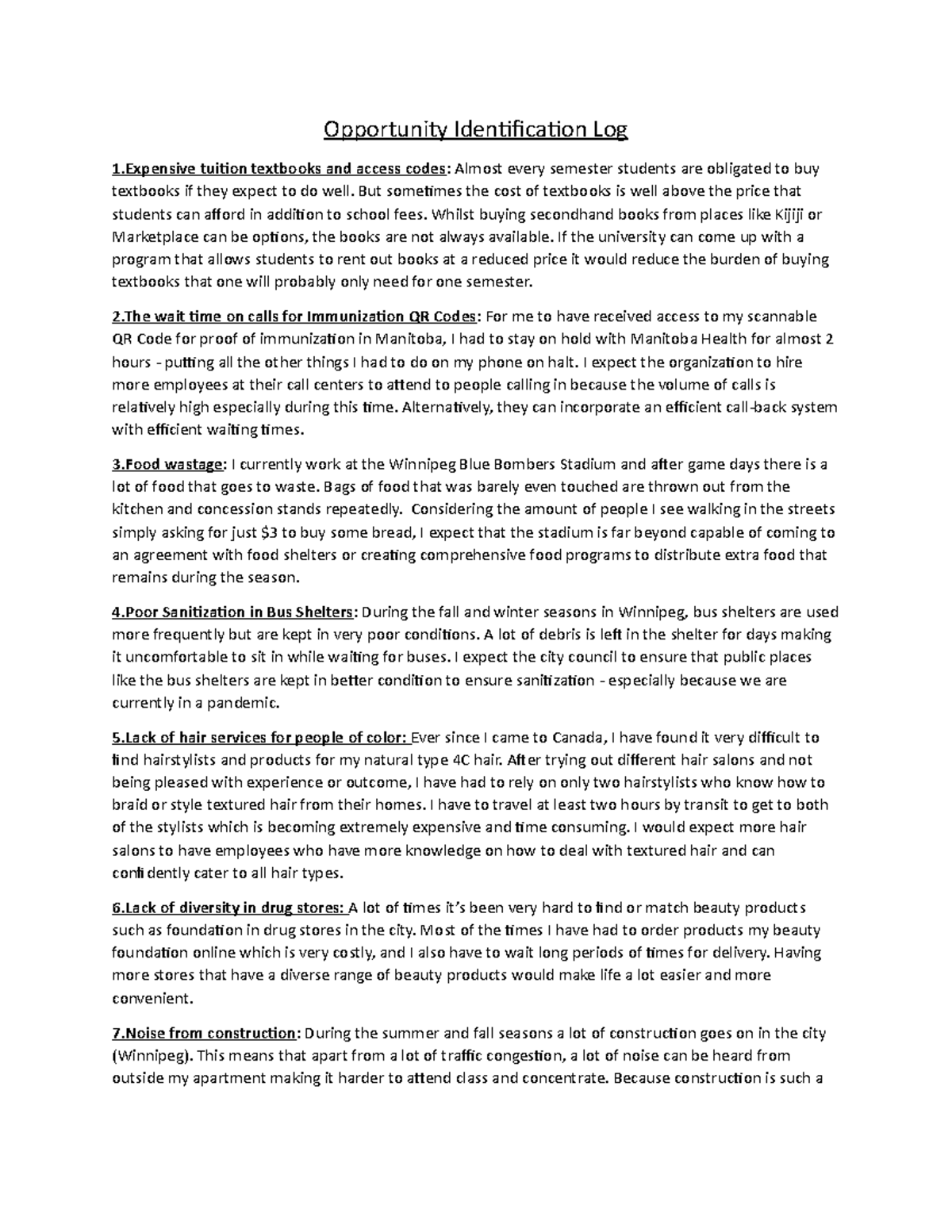 Opportunity Identification Log Copy - ENTR 2030 - U of M - Studocu