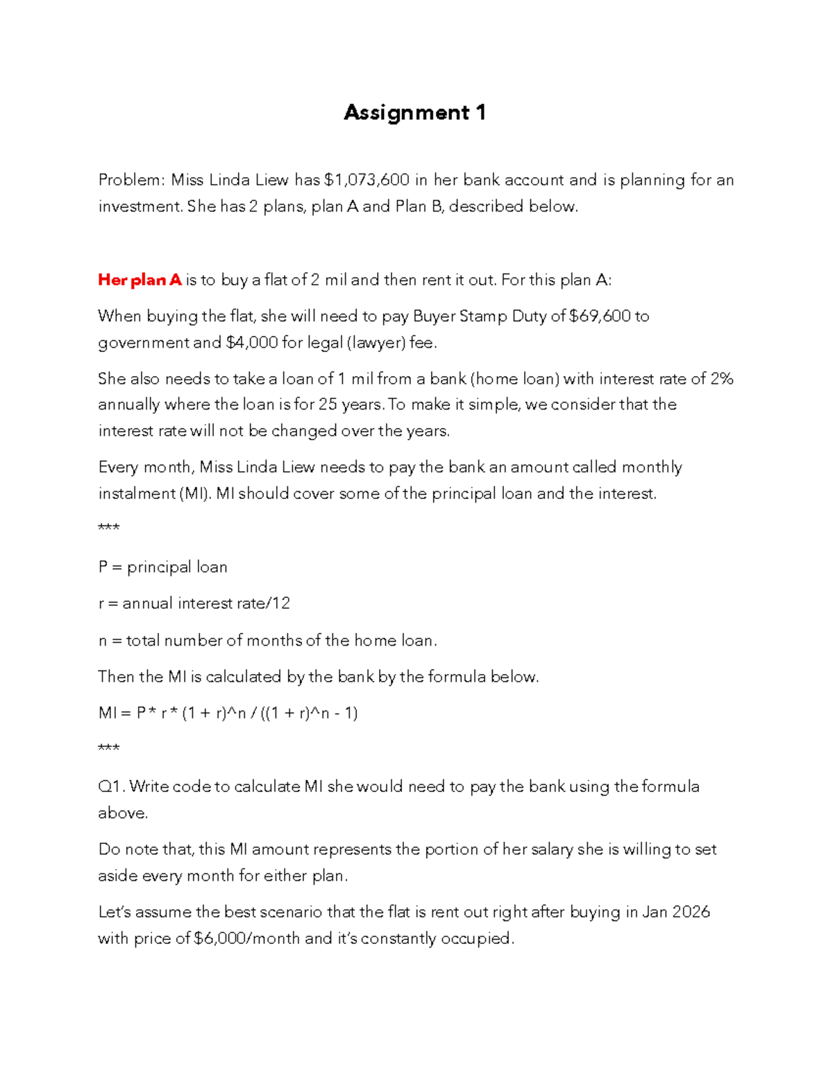 Assignment 1: Investment Analysis for Miss Linda Liew - Studocu