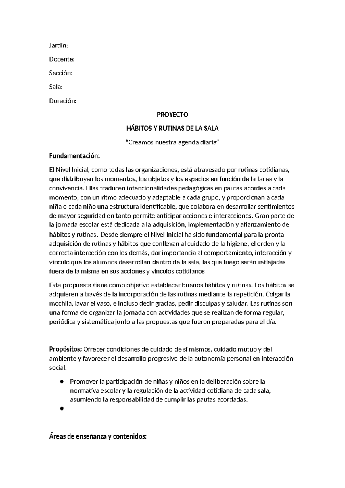 Proyecto de Habitos y Rutinas en el Jardín: Agenda Diaria - Studocu