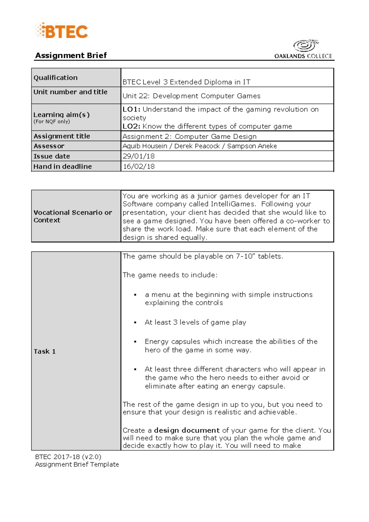 BTEC Level 3 IT Unit 22: Assignment 2 Game Design Brief - Studocu