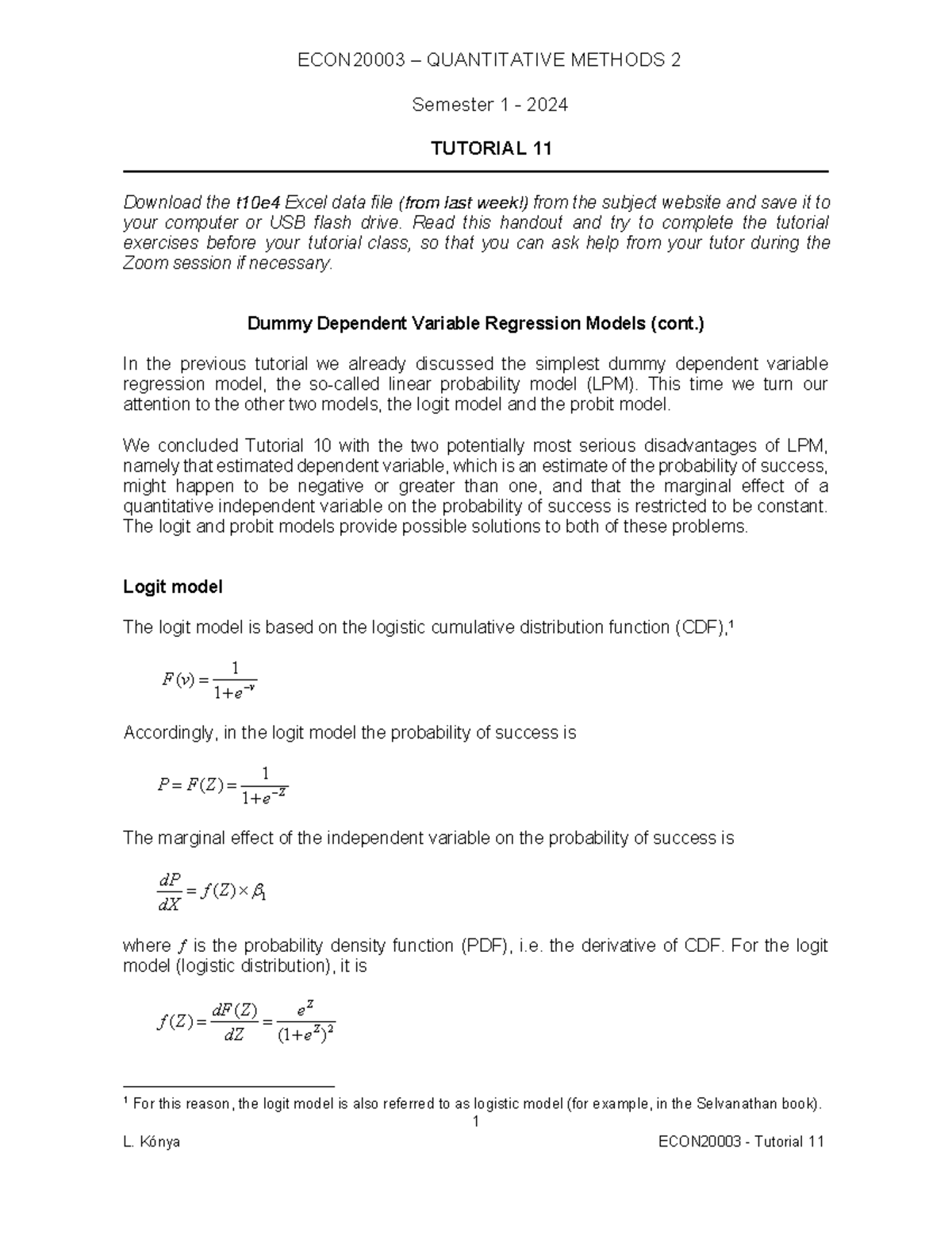 ECON20003 - Quantitative Methods 2: Tutorial 11 on Logit & Probit Models - Studocu