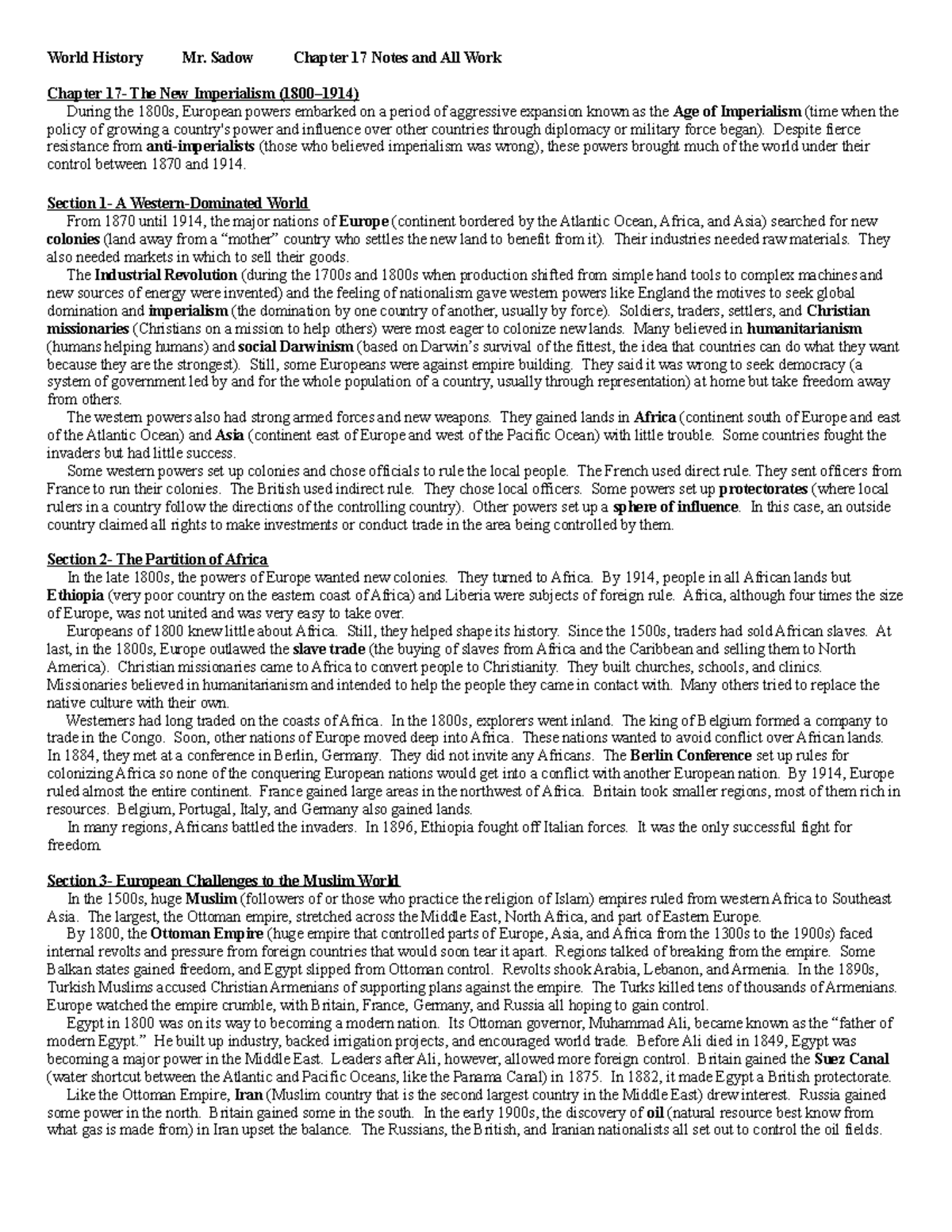 World History Mr. Sadow Chapter 17: The Age of Imperialism Notes - Studocu