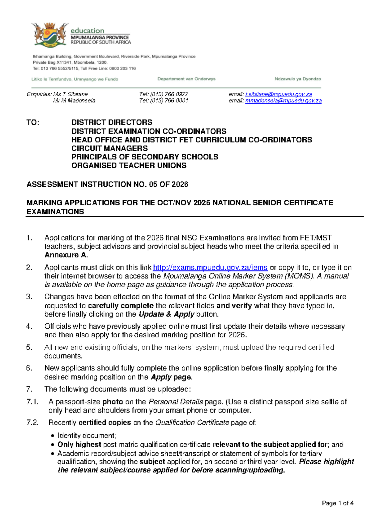 Assessment Instruction No. 05 of 2026: Marking Applications for NSC ...