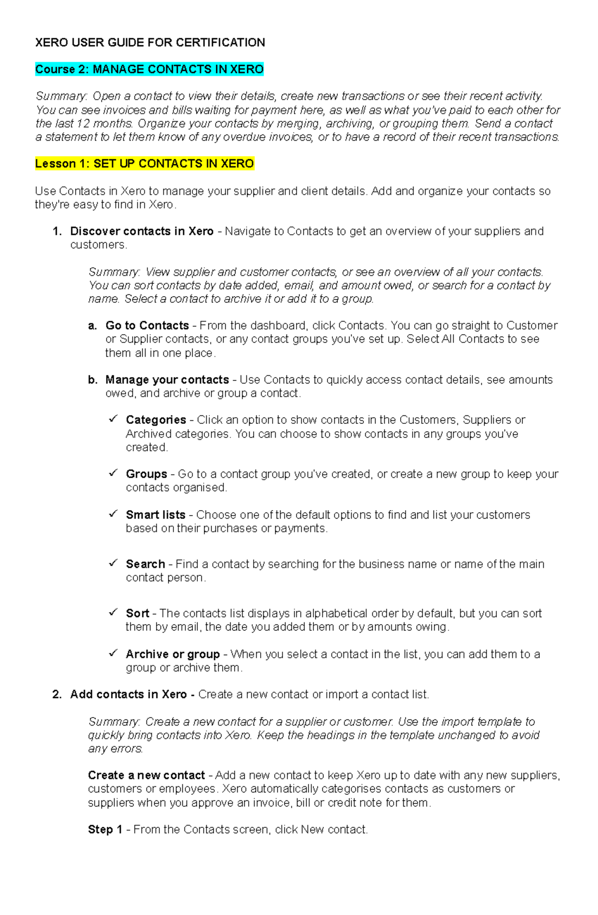Xero User Guide C2: Managing & Importing Contacts Efficiently - Studocu