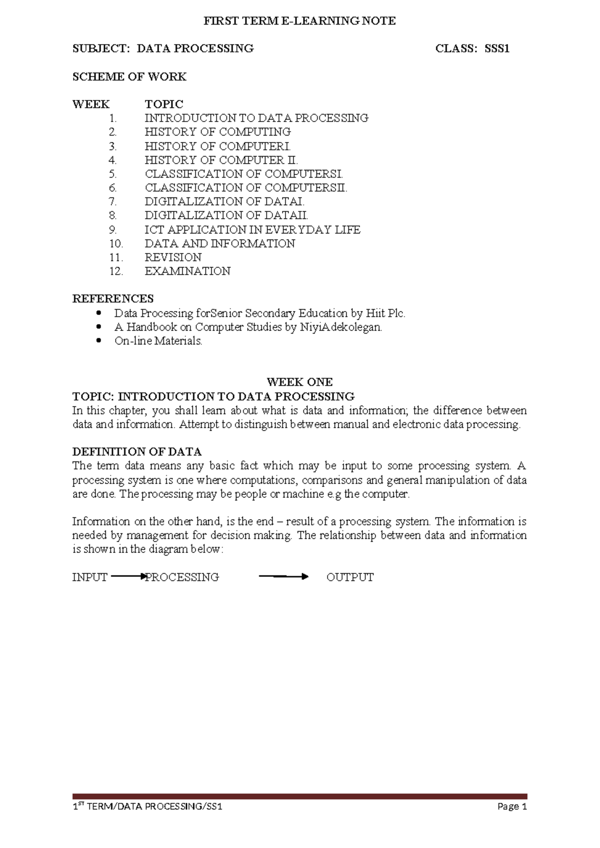 First Term SS1 Data Processing Scheme of Work - Studocu