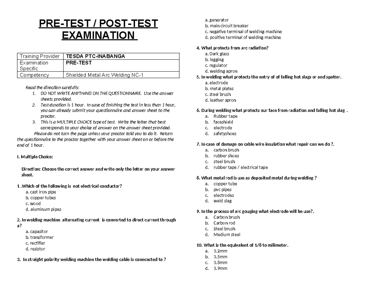 Pre-Test for SMAW NC I - Shielded Metal Arc Welding Evaluation - Studocu