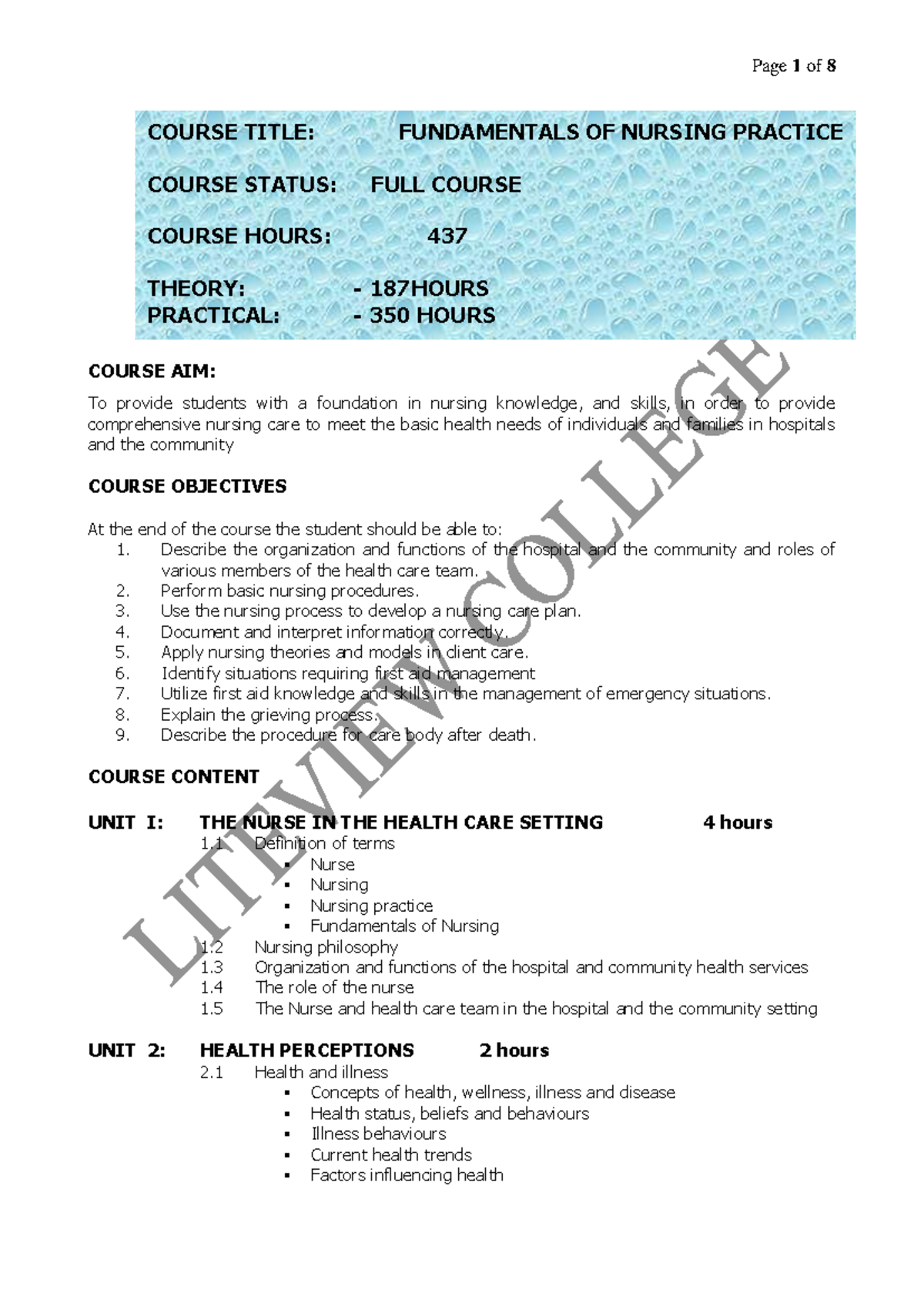 Fundamentals of Nursing (NURS 101): Comprehensive Course Outline - Studocu
