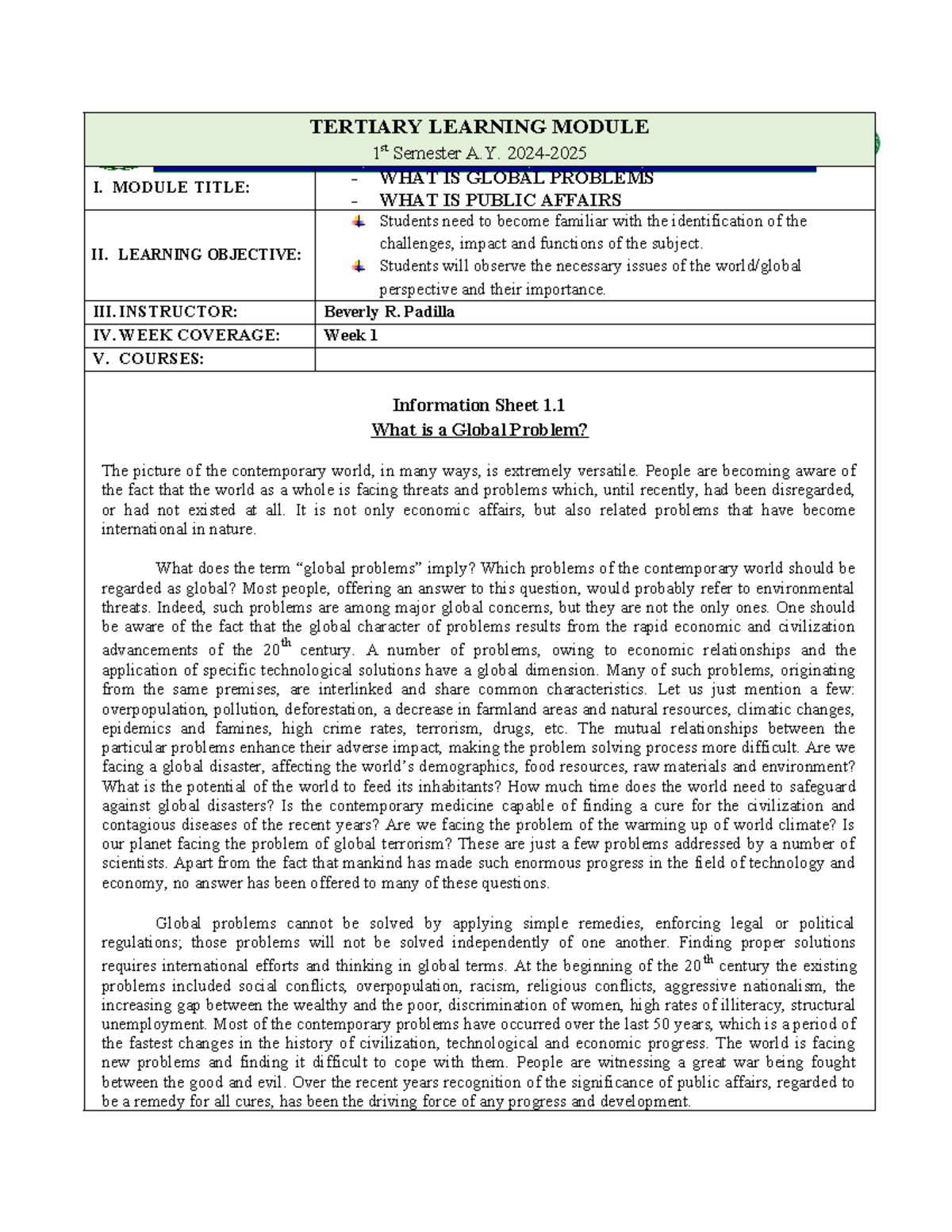 Contemporary World - TERTIARY LEARNING MODULE 1 st Semester A. 2024- I ...