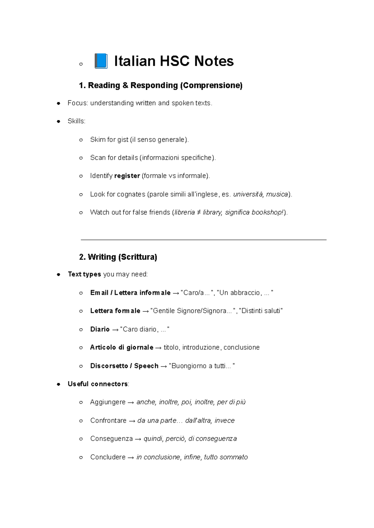 Italian HSC Notes: Reading, Writing, Speaking & Vocabulary Guide - Studocu