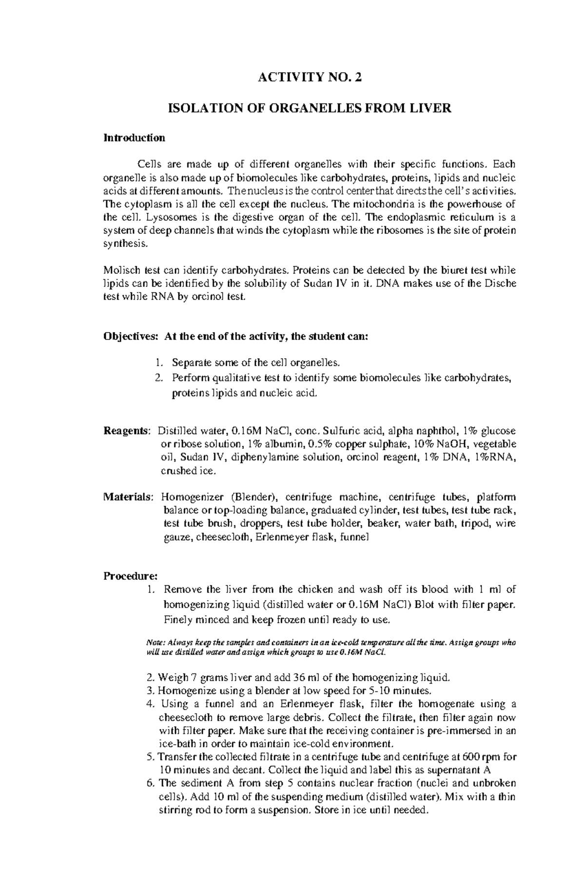 Activity 2: Liver Organelle Isolation & Biomolecule Tests - Studocu