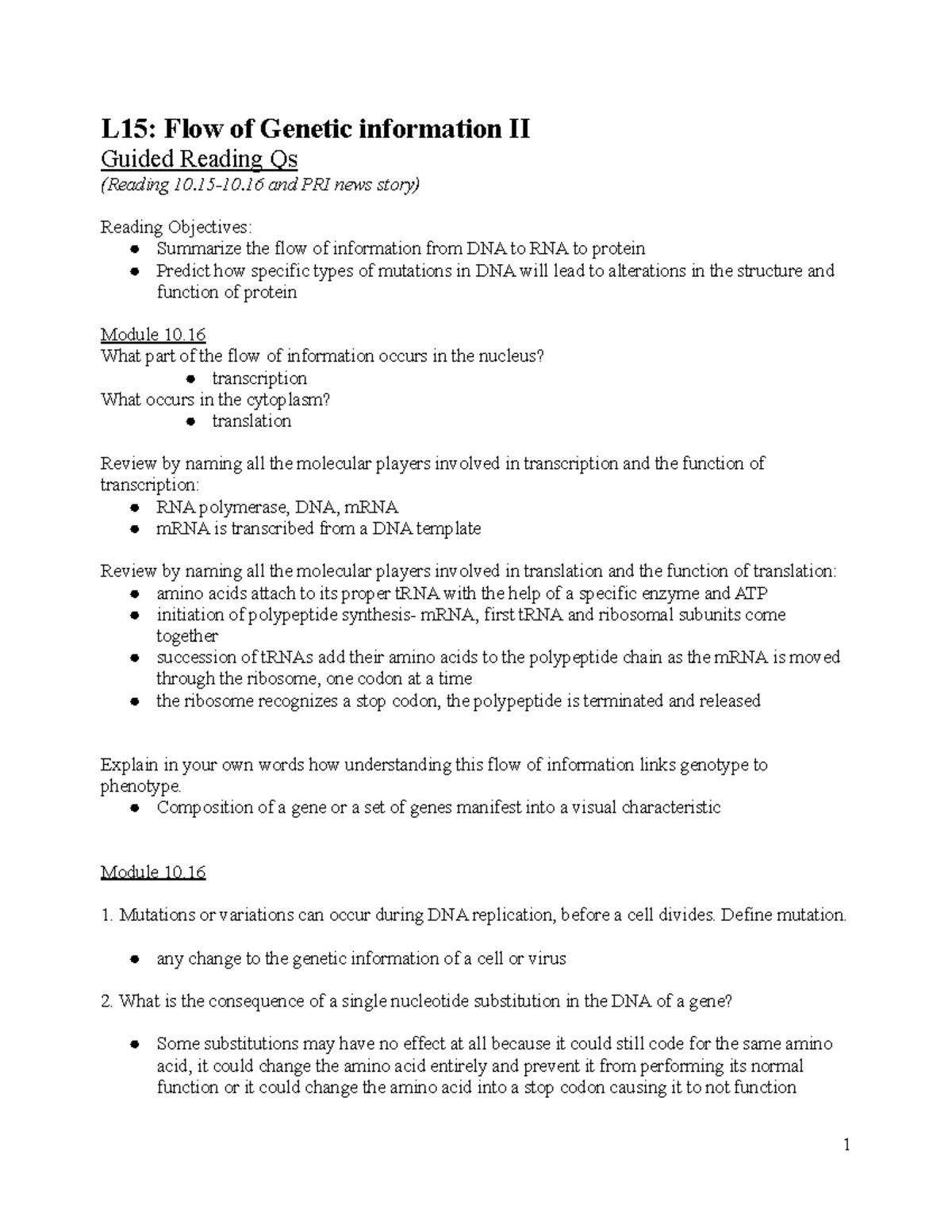 Lesson 14 Guided Reading Qs: Flow of Genetic Info Part 2 - Studocu
