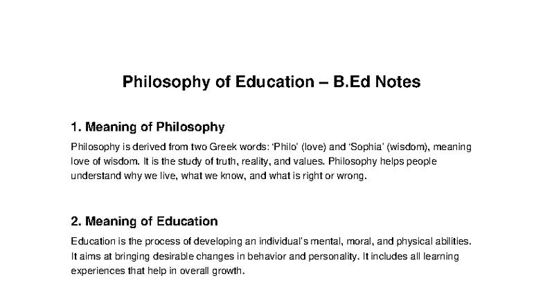 Philosophy of Education B.Ed Notes: Key Concepts & Schools - Studocu