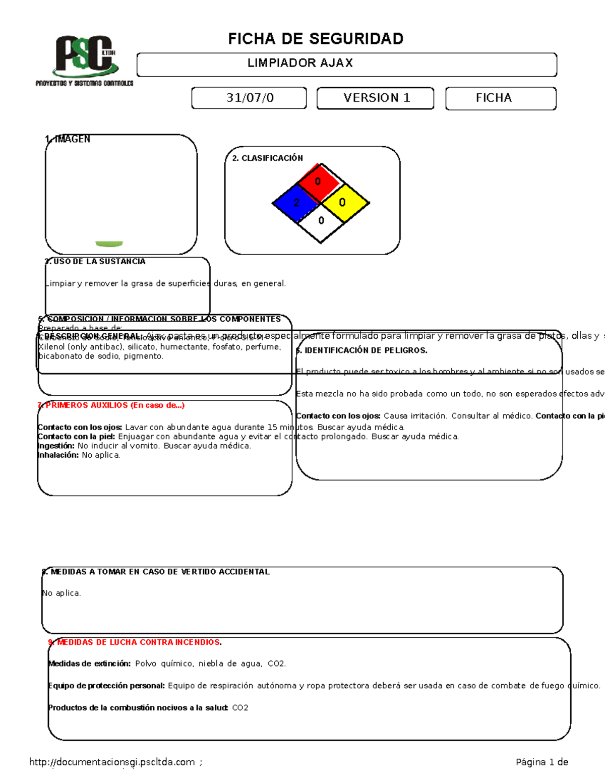 Fichas de Seguridad: Limpiador Ajax (Jabón Axion) - Studocu