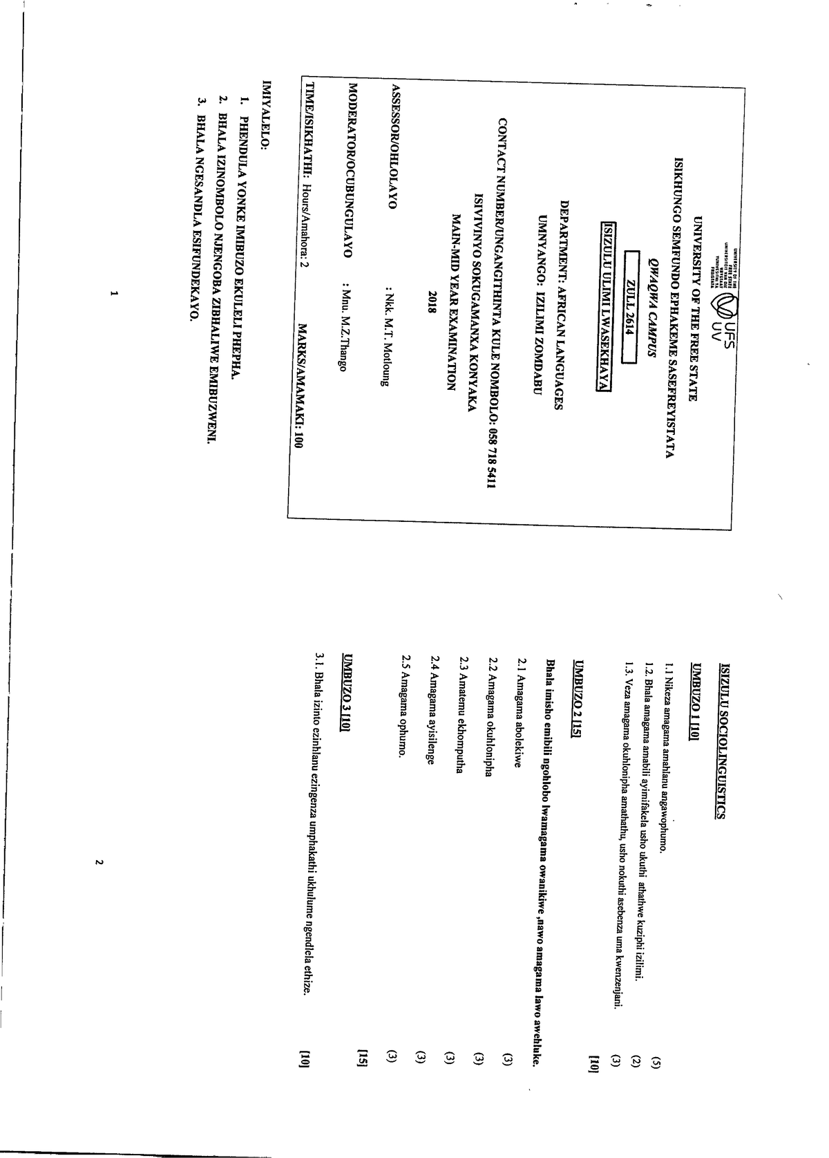 UFS ZULL 2614 Isizulu Sociolinguistics Exam Question Paper 2018 - Studocu