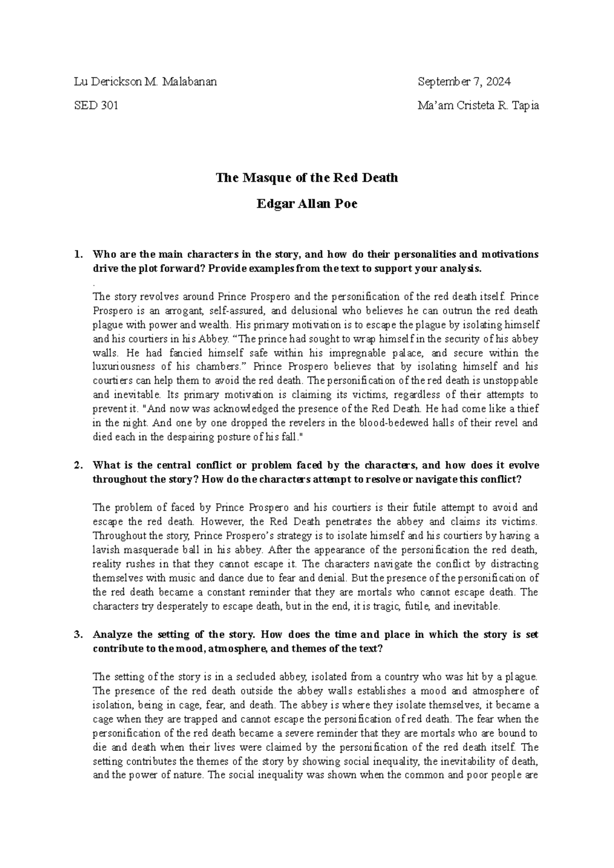 SED 301 Literature Analysis: Edgar Allan Poe's The Masque of the Red ...