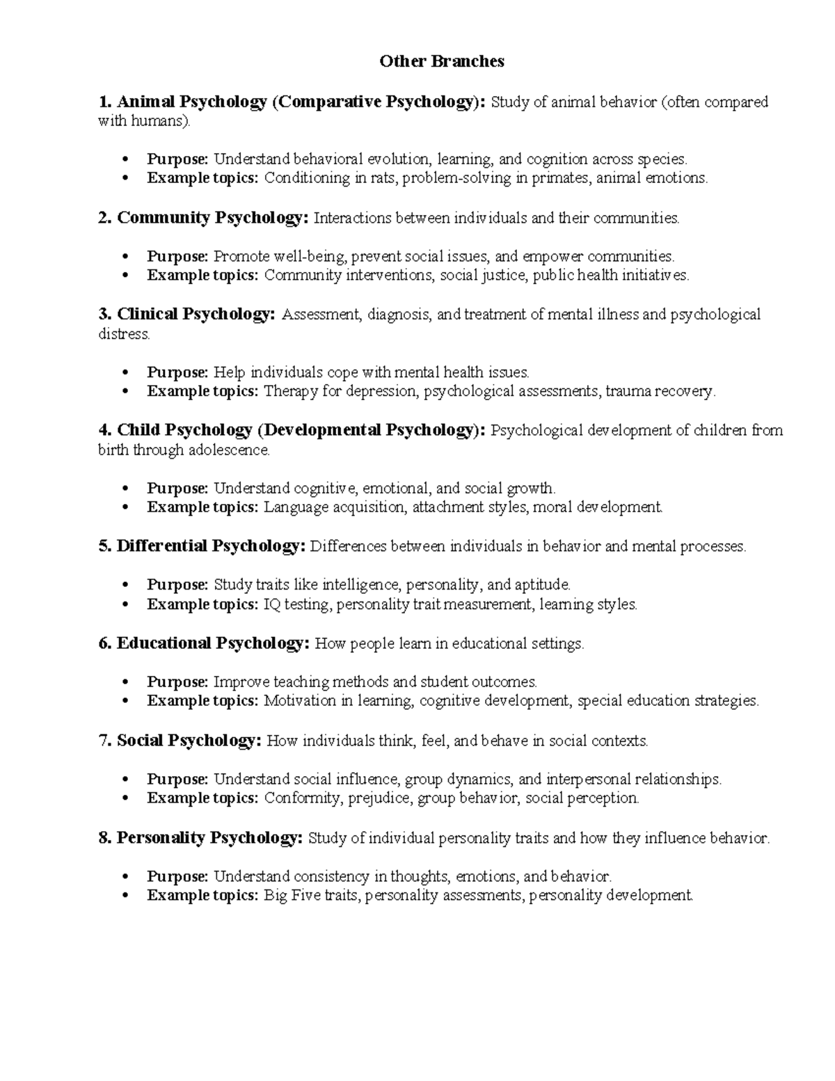 Psychology Branches Overview: Key Concepts & Topics - Studocu