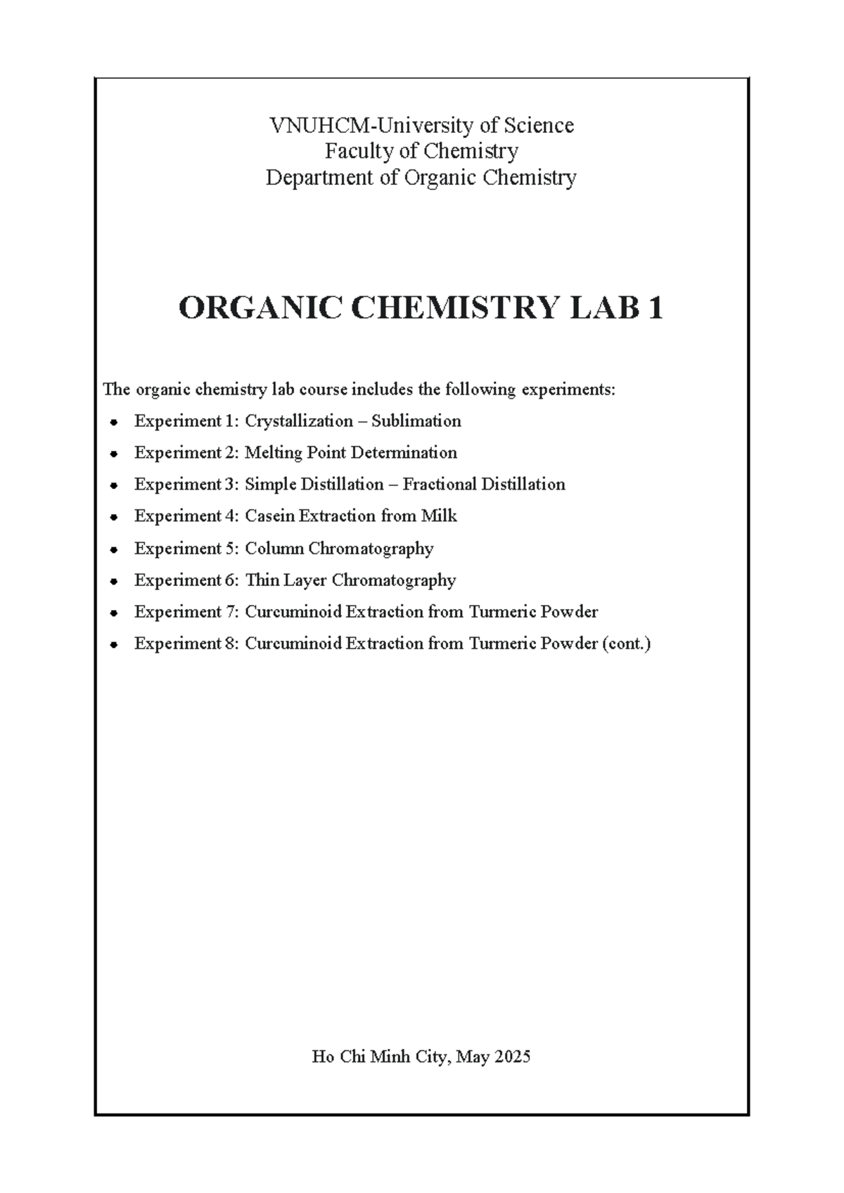 Organic Chemistry Lab 1 (CHEM 2025): Experiments & Procedures - Studocu