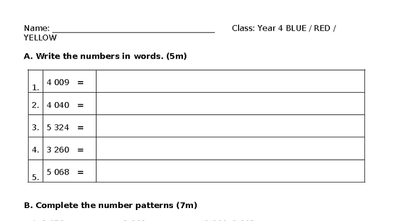 Year 4 Math Revision Work: Numbers, Patterns & Fractions - Studocu