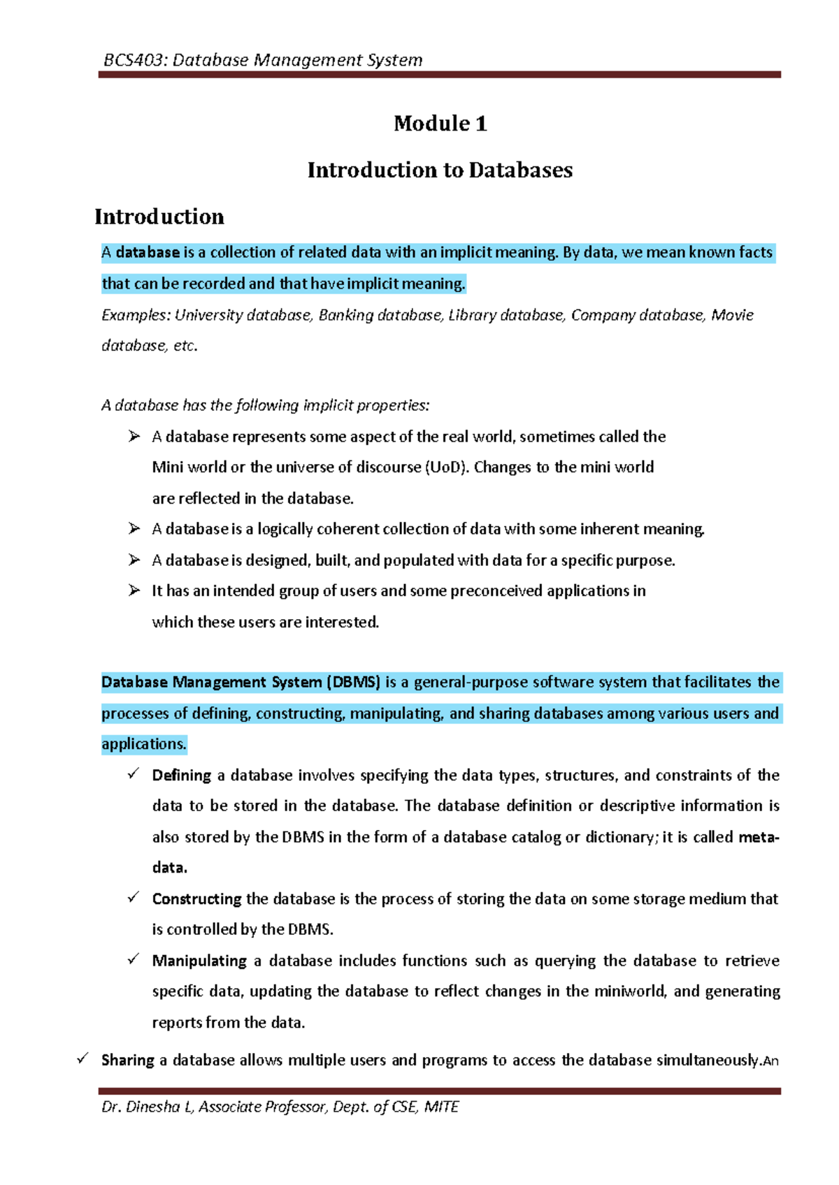 Module 1 Notes Bcs403 Dbms Dr Dinesha L Associate Professor Dept Of Cse Mite Module 1