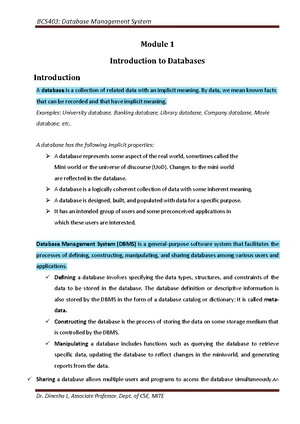 Module 1 DBMS Overview Notes BCS403 - Studocu