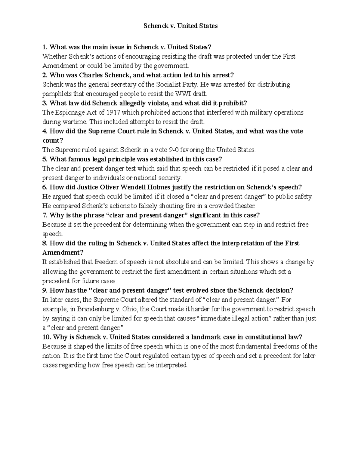 Schenck v. United States Questions - Schenck v. United States What was ...