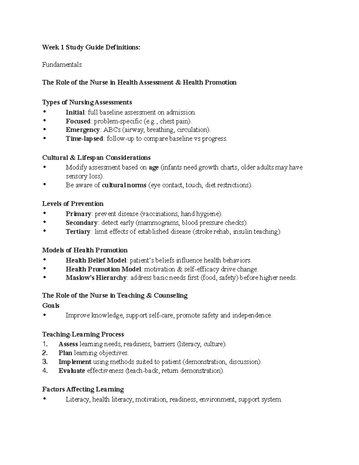 Week 1 Study Guide: Nursing Fundamentals & Health Assessment - Studocu