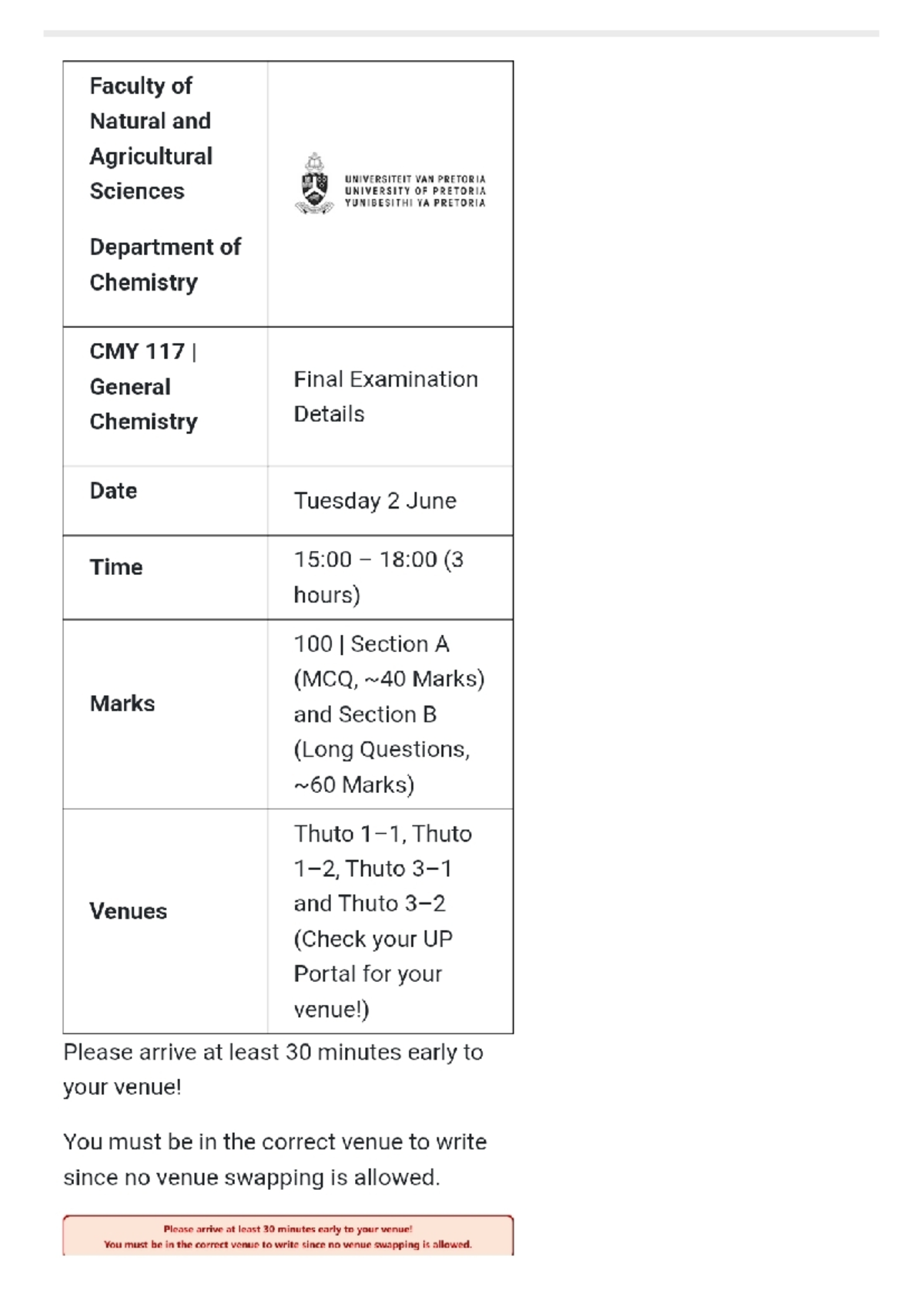 CMY 117 Final Exam Details - General Chemistry - Studocu