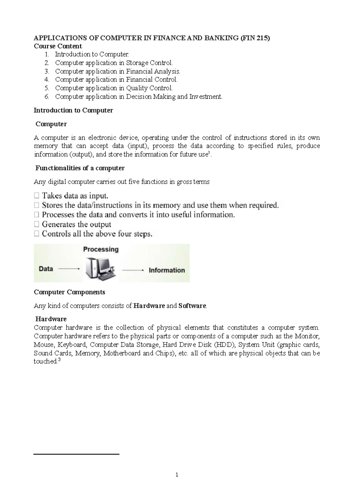 Applications of Computers in Finance & Banking (FIN 215) - Overview ...