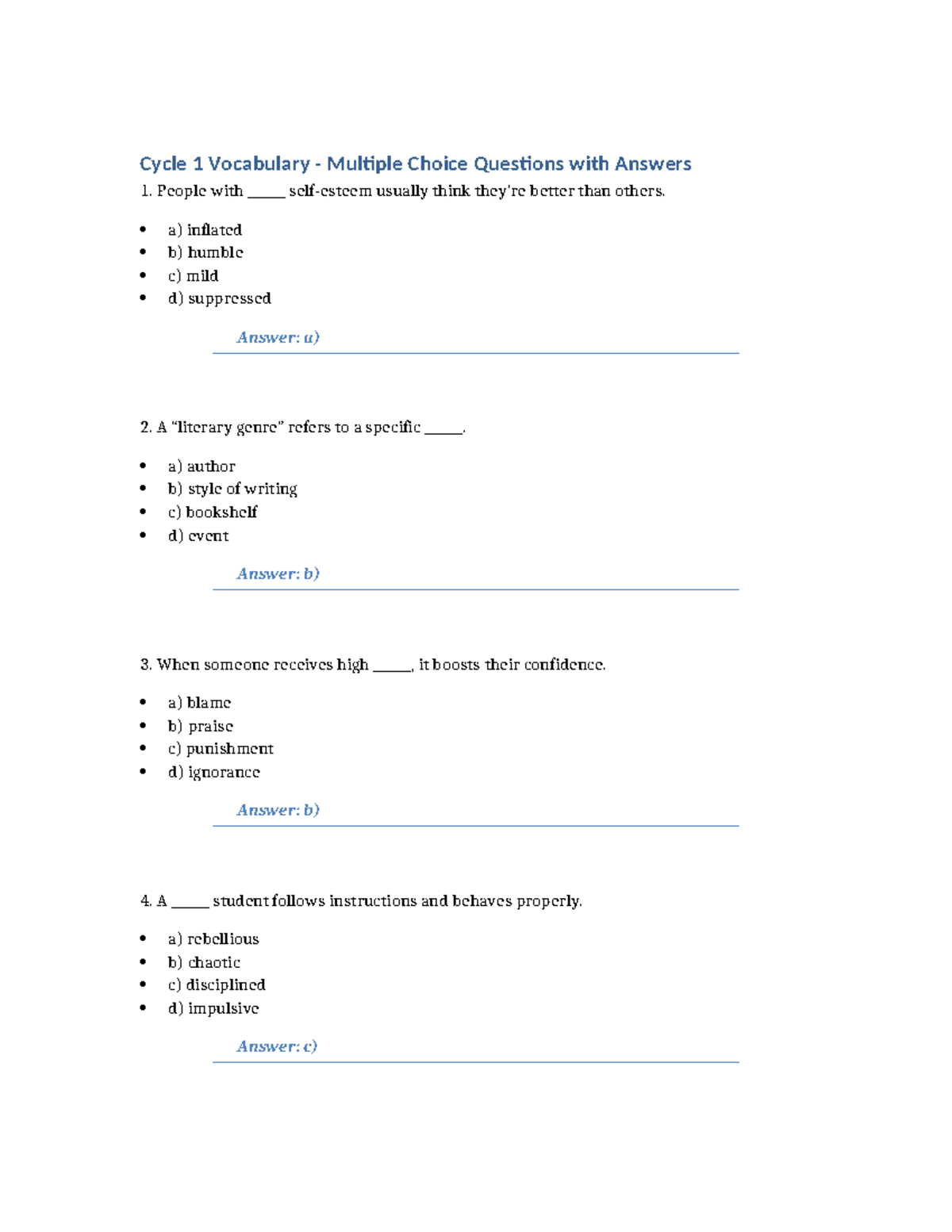 Cycle 1 Vocabulary MCQs with Answers - Studocu