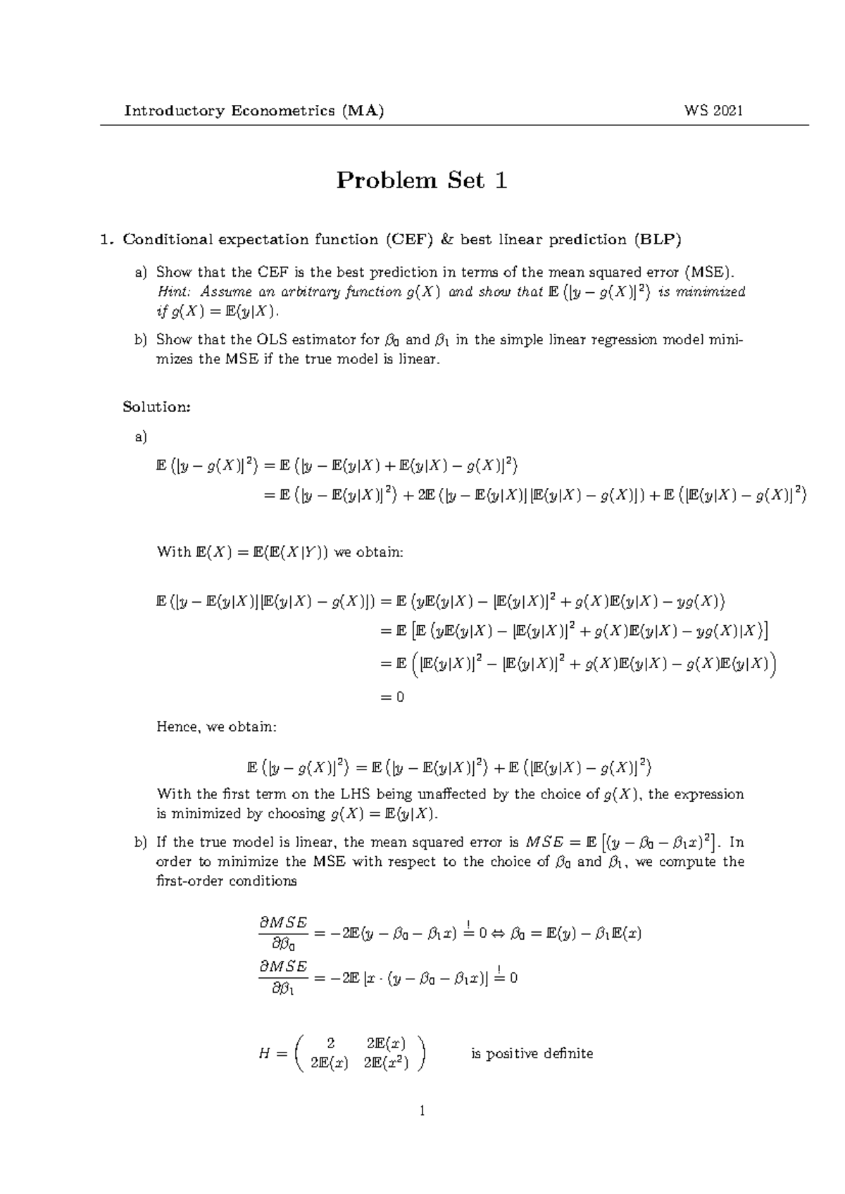 PS1 Solutions: Conditional Expectation & OLS Regression Insights (MA ...