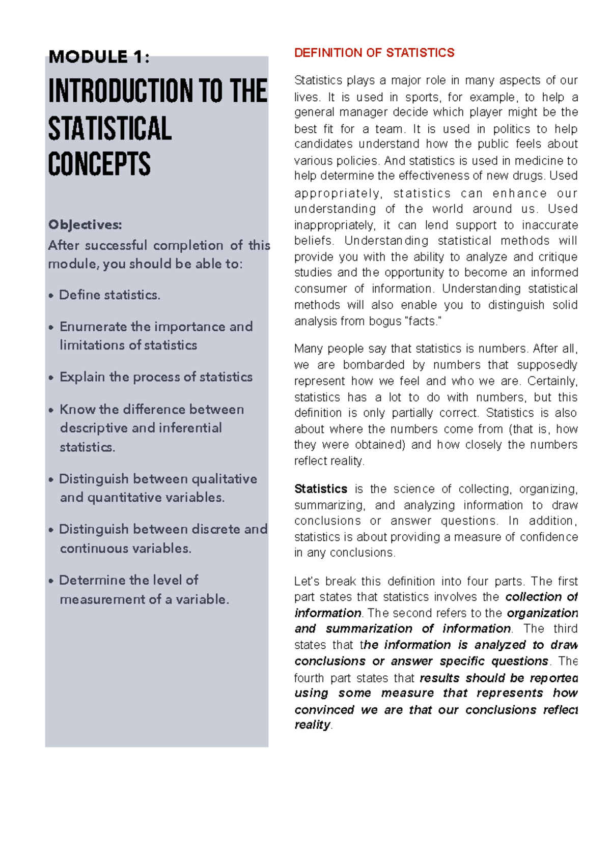 MODULE 1: INTRO TO STATISTICS CONCEPTS AND DEFINITIONS - Studocu
