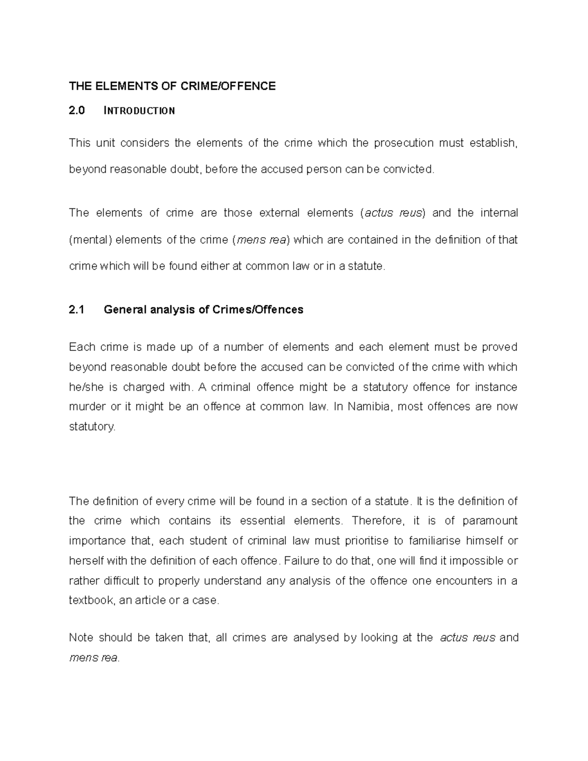 Criminal Law Exam Notes: Elements of Crime - Topic 1 Overview - Studocu