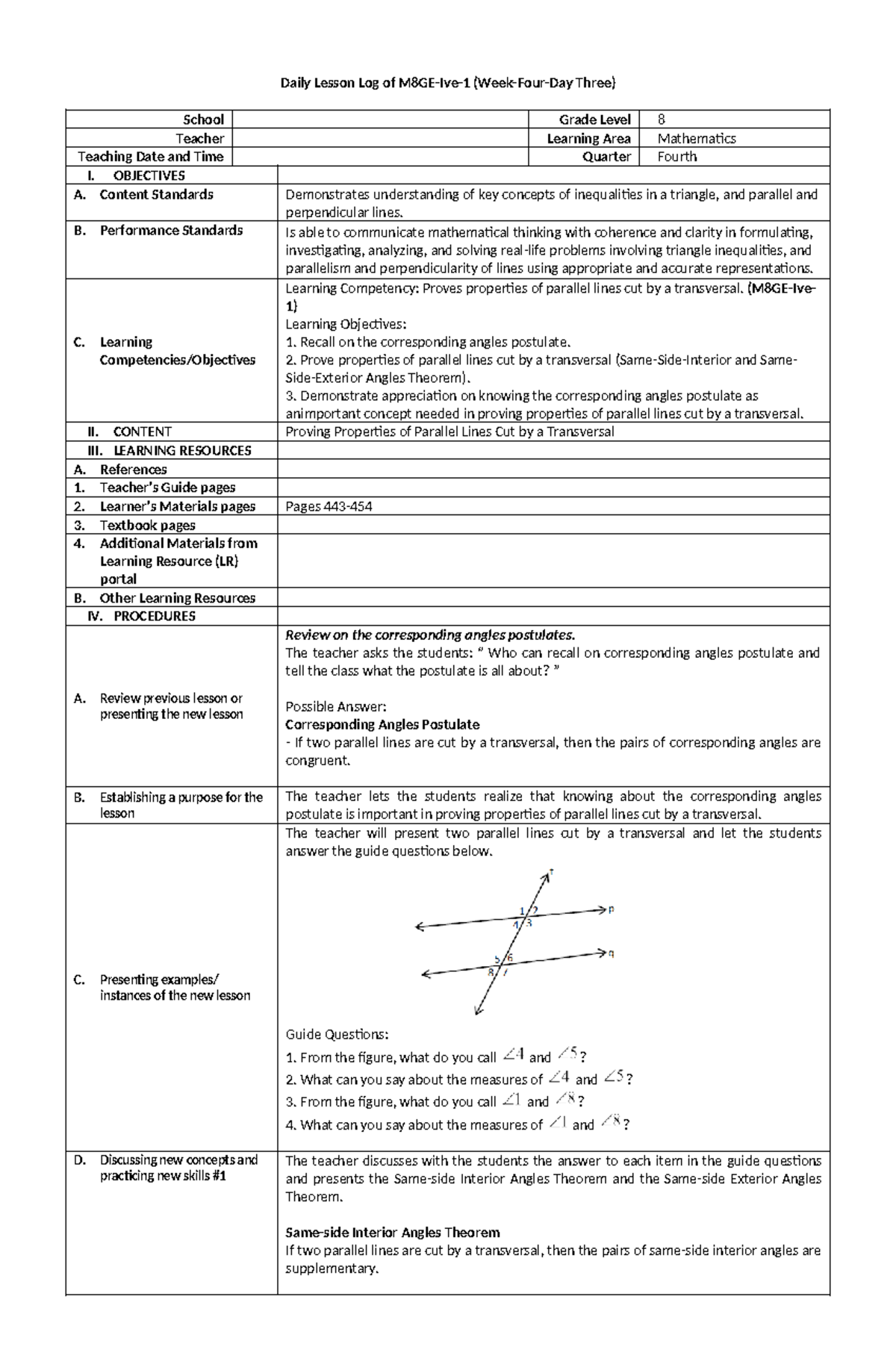 IV-Day 15 - Lesson Plan for Grade 8 Mathematics (4th Quarter) - Studocu