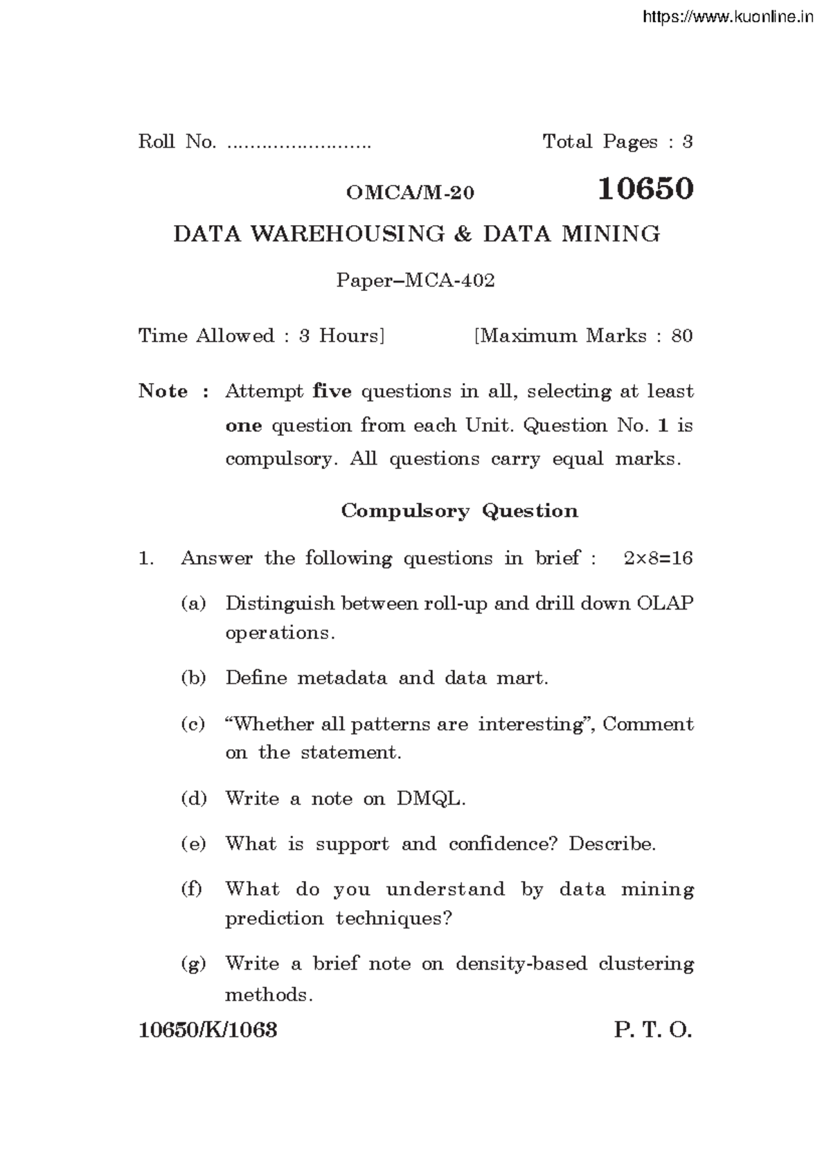MCA Semester 4 Data Warehousing & Data Mining Exam Paper 10650 - Studocu