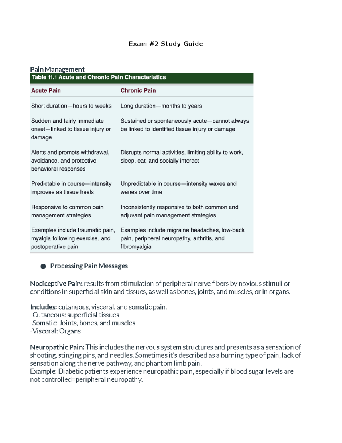 Study Guide for Exam 2: Pain Management and Processing Pain Messages ...