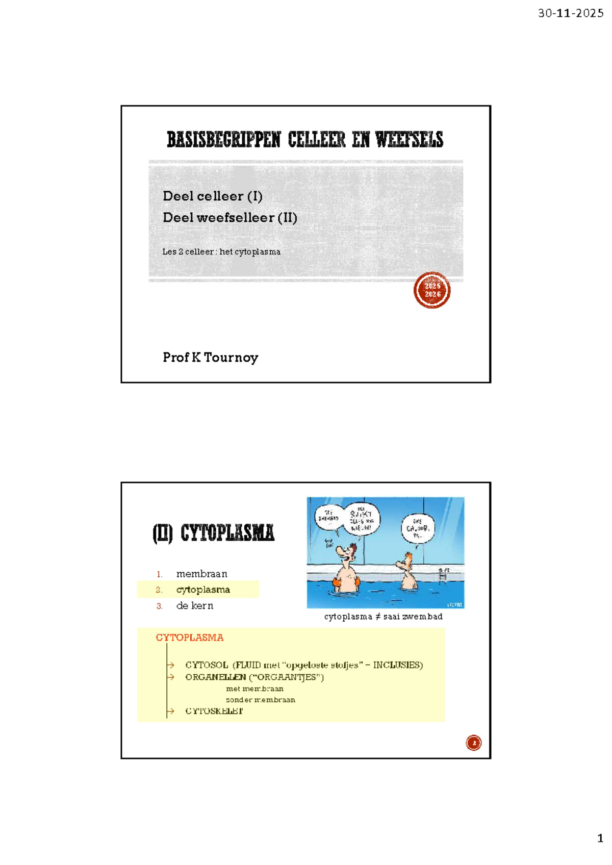 Les 2: Cytoplasma en Organellen - Prof K Tournoy - Studocu