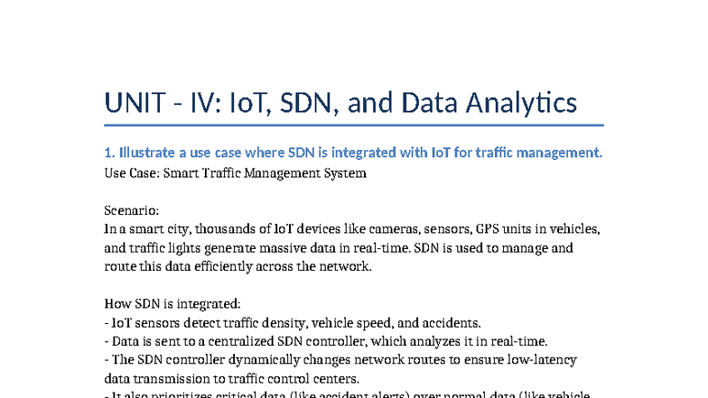 UNIT IV: IoT, SDN, and Data Analytics Overview and Use Cases - Studocu