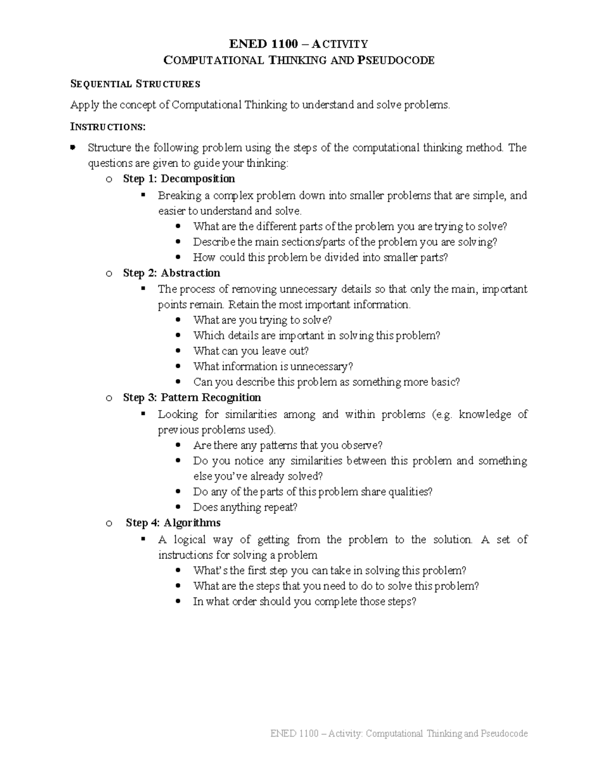 Sequential Activities and HW Pseudo Code 1 - COMPUTATIONAL THINKING AND PSEUDOCODE SEQUENTIAL ...