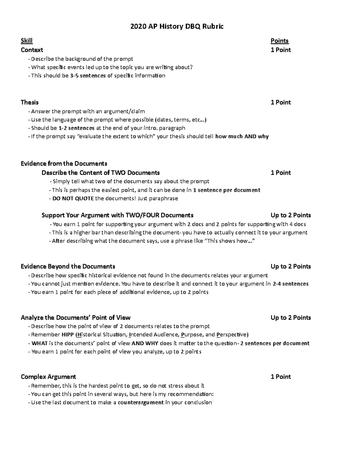 2020 AP History DBQ Rubric - 2020 AP History DBQ Rubric Skill Points ...