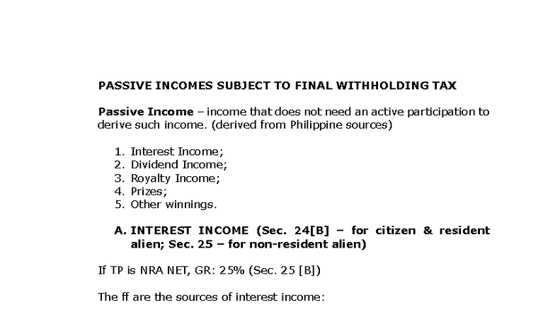 Passive Income & Final Withholding Tax Notes (Tax 101) - Studocu