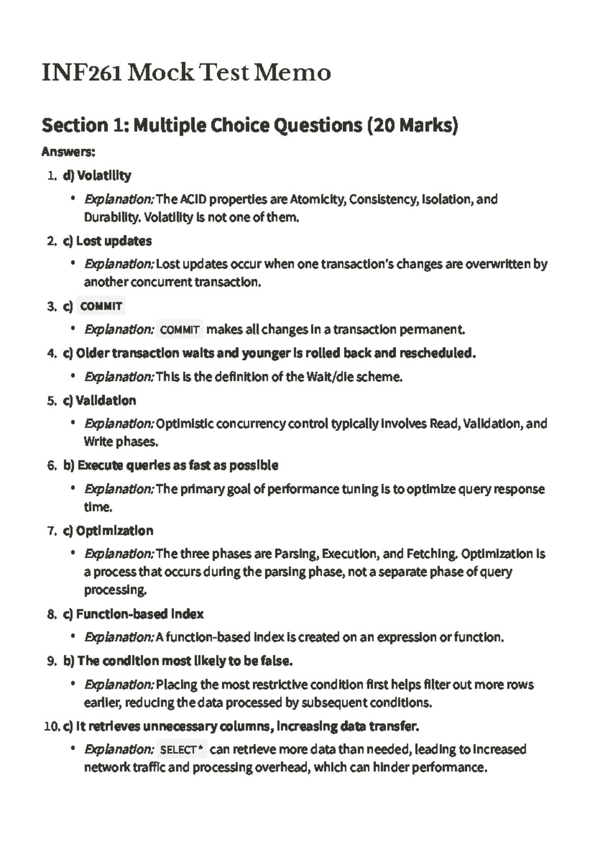 INF261 Mock Test Memo: Multiple Choice & Matching Answers - Studocu