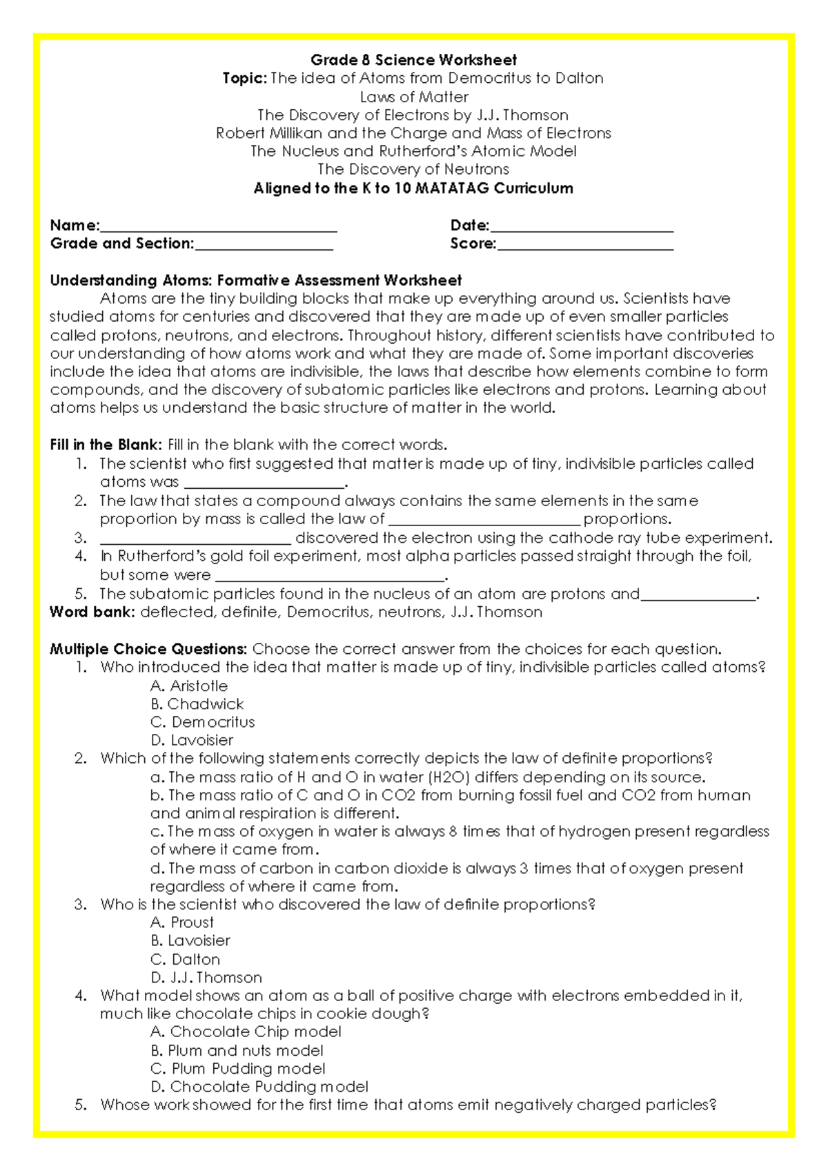 Grade 8 Science Worksheet: Understanding Atoms & Their Discoveries ...