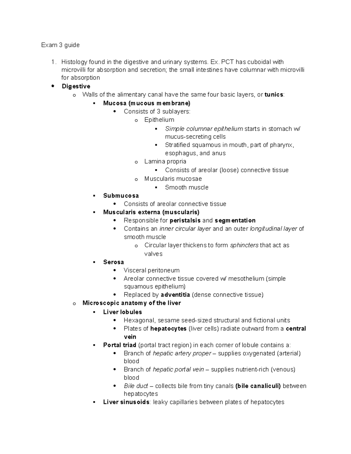 Exam 3 Guide: Histology and Anatomy of Digestive and Urinary Systems ...