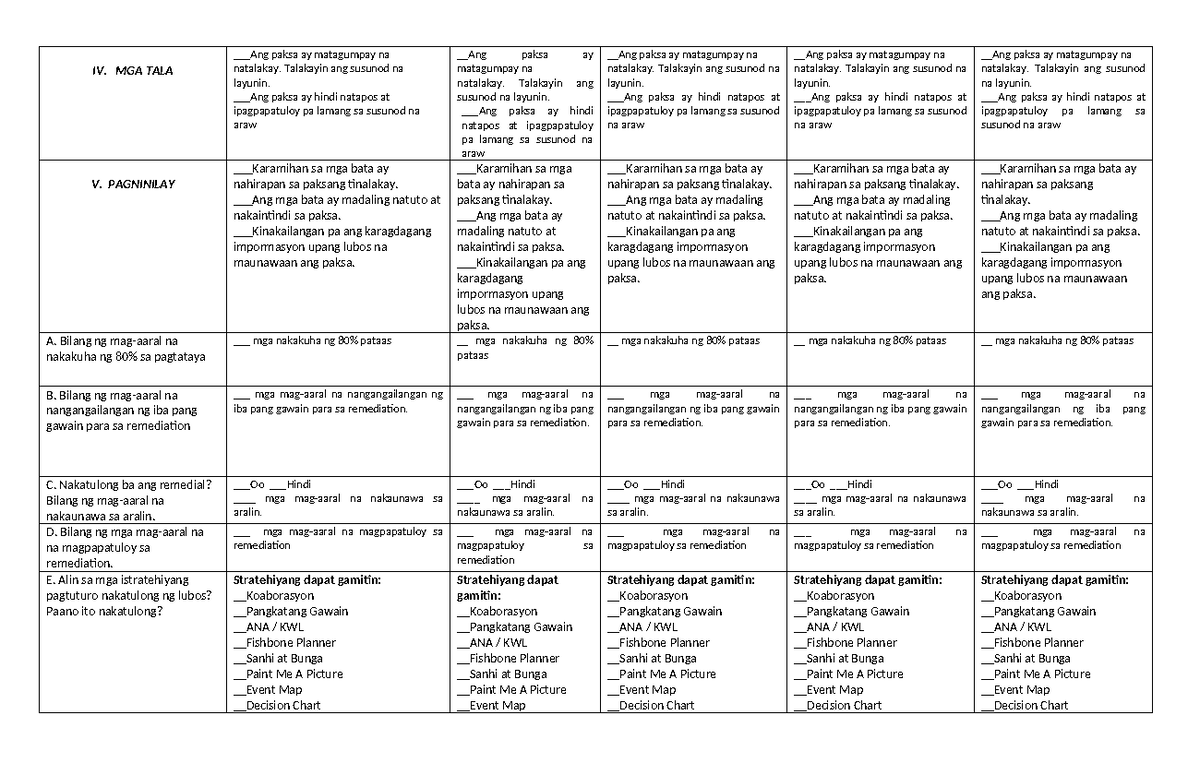 DLL Reflection: Learning Outcomes in Filipino and English - Studocu