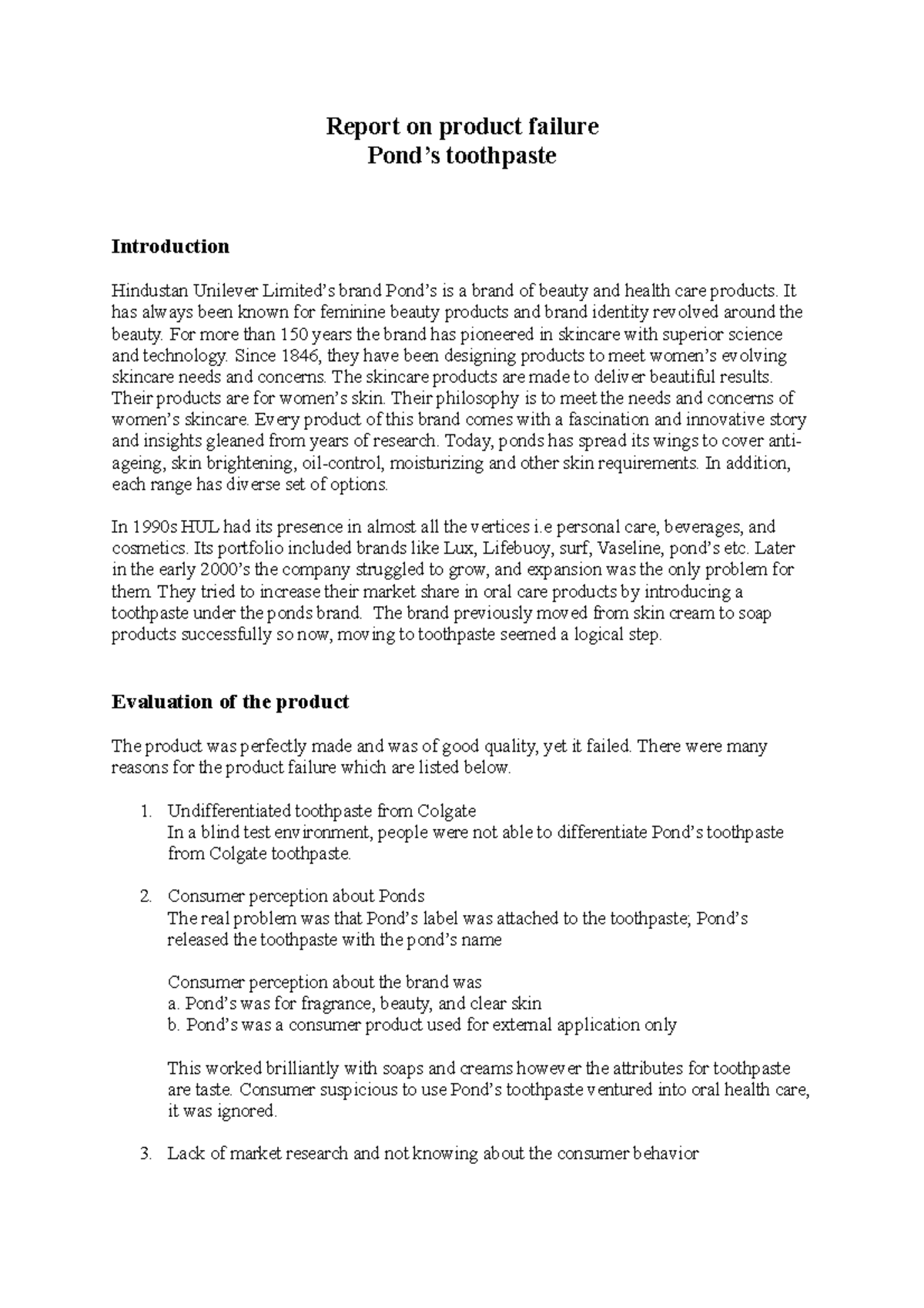 Case Study on Product Failure: Pond's Toothpaste Analysis - Studocu