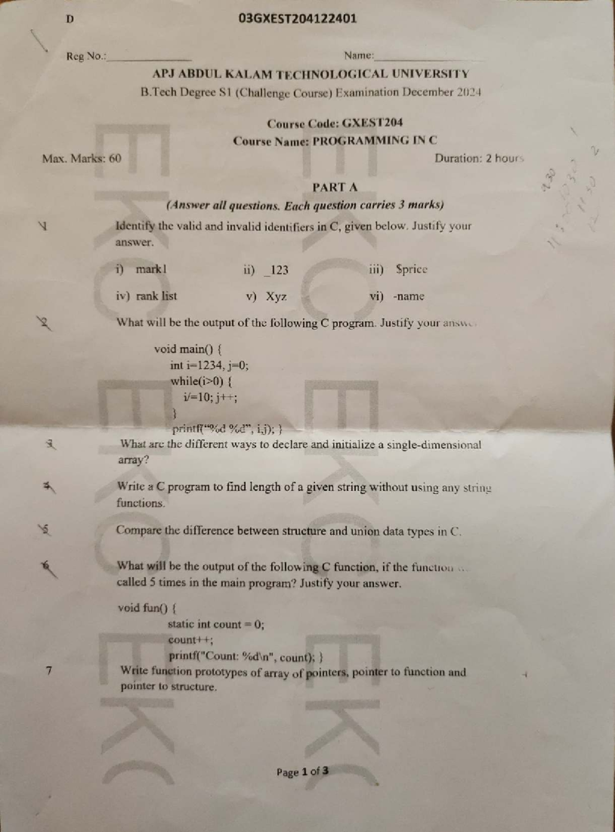 C programming challenge question paper - D 7 ####### Reg No.: Max. Marks: 60 11 APJ ABDUL KALAM ...