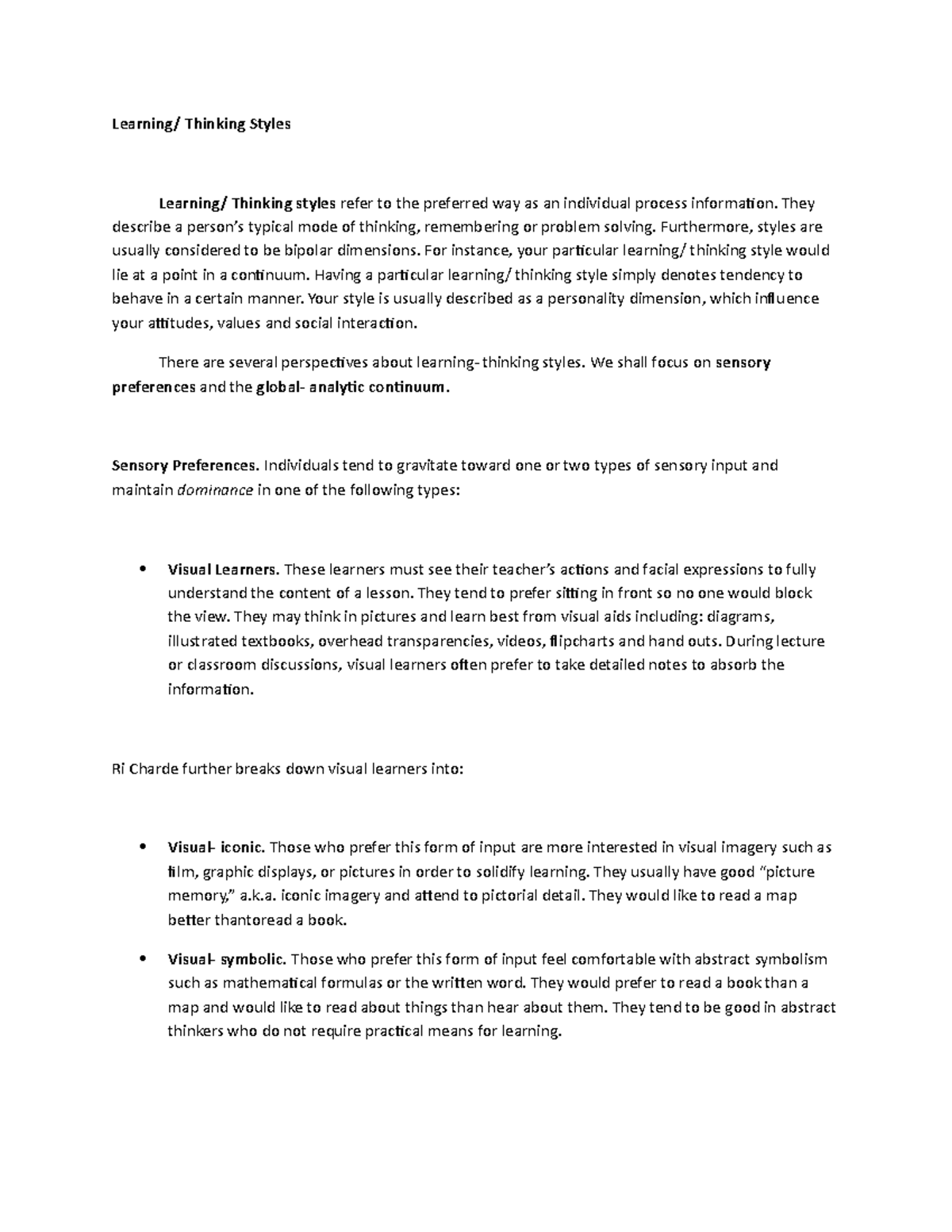 Learning and Thinking Styles: Understanding Sensory Preferences and ...